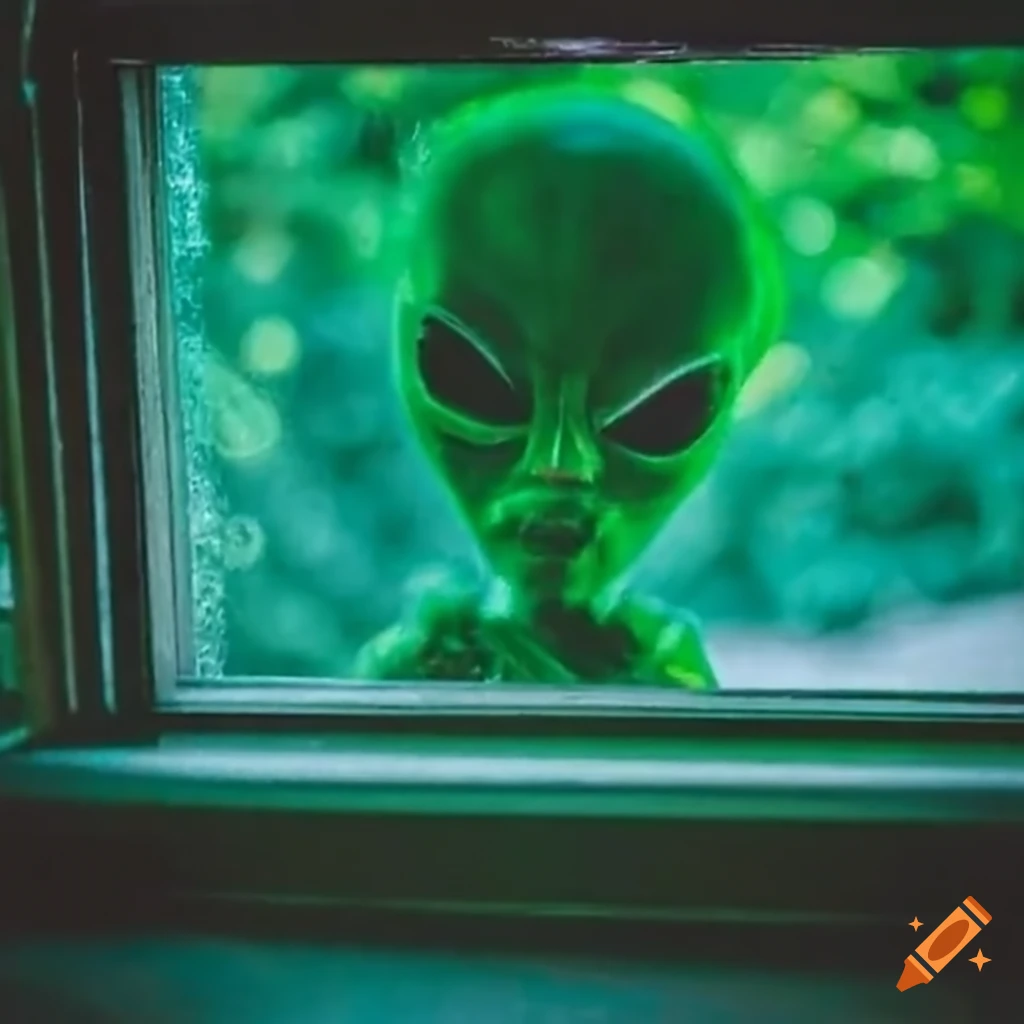 Green alien peering through a window in a sinister vhs style on Craiyon