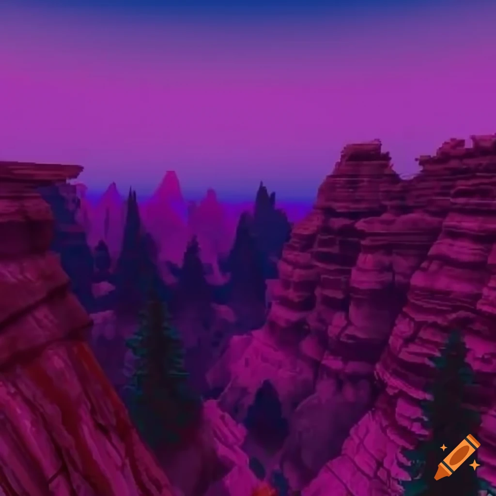 16-bit forest canyon under a purple sky on Craiyon