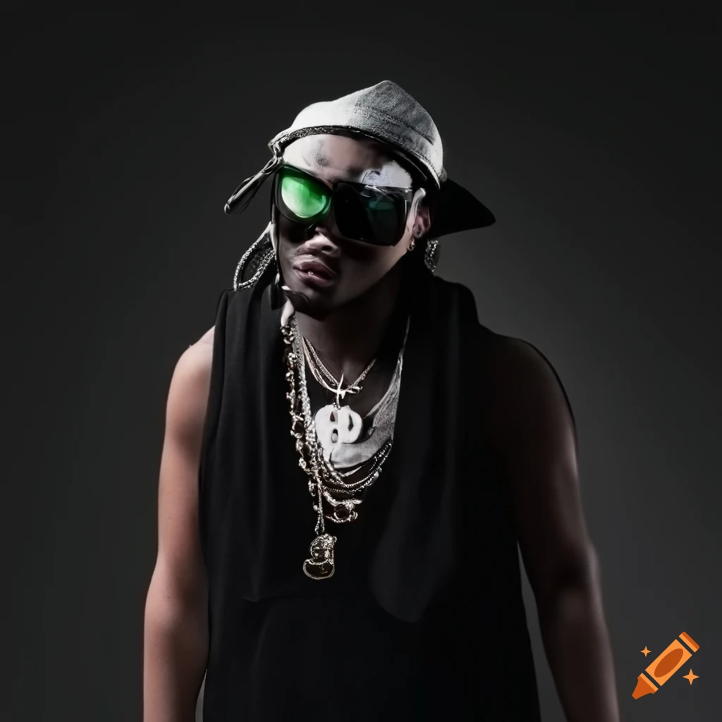 Confident hip hop artist in streetwear with a lot of jewelry on Craiyon