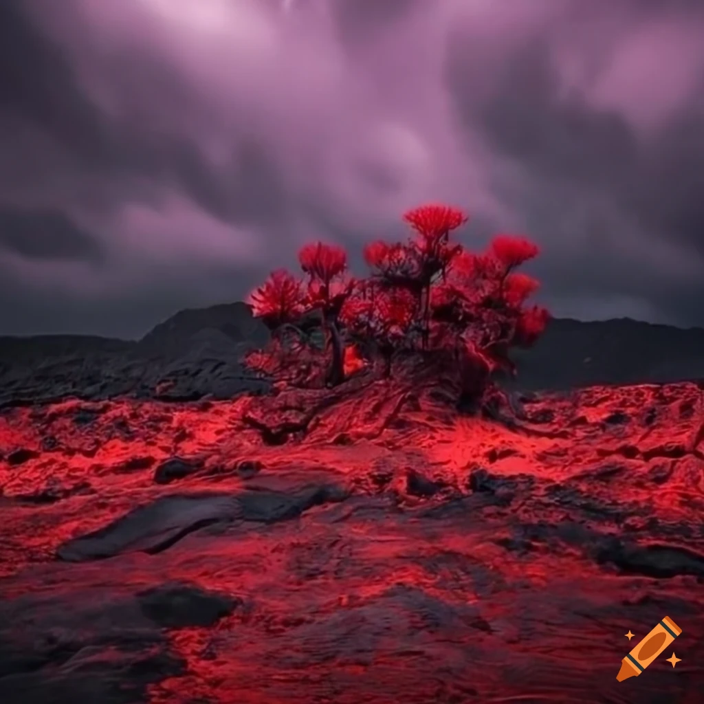 Dark red and black lava field with ruby flowers against a dramatic sky on Craiyon
