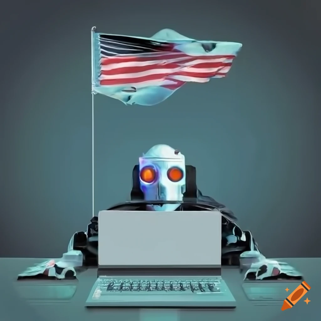 Robot hacking on a computer with a flag waving in the wind on Craiyon