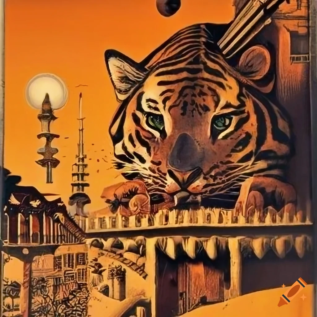 Vintage adventure travel poster featuring a happy tiger and various art ...
