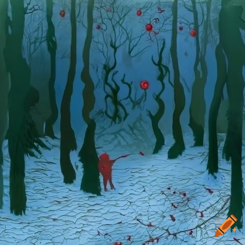 Snow-covered forest Christmas scene with poinsettia trees, red berries ...