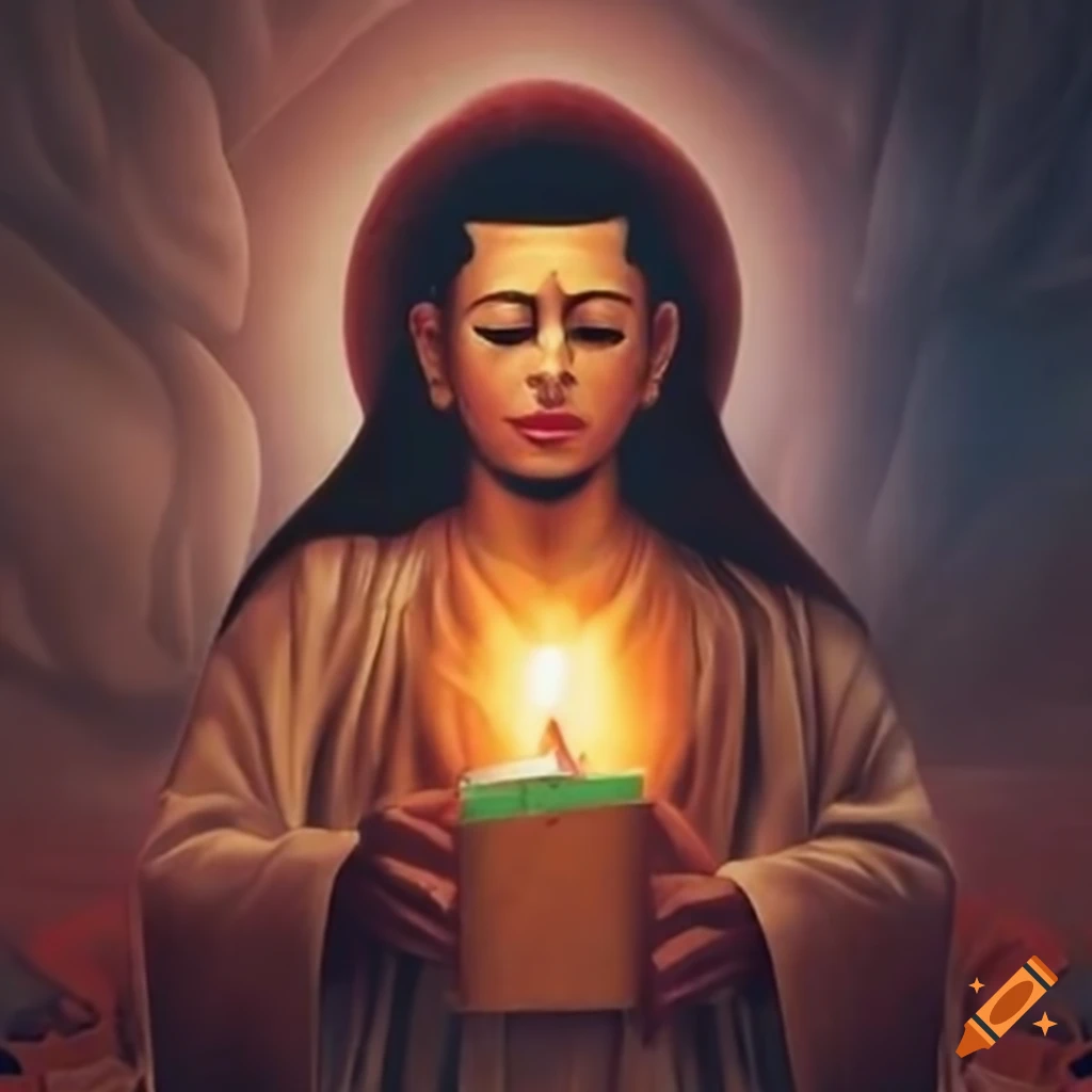 Pious person with sacred texts in a contemporary setting on Craiyon