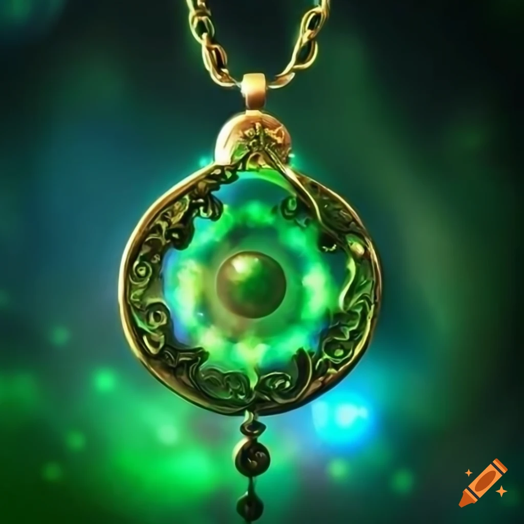 Anime artwork of a mystical bronze necklace with glowing green orbs on ...