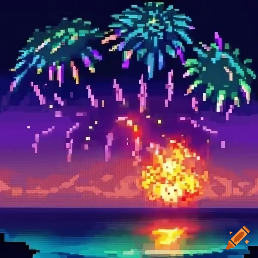 Pokemon enjoying colorful fireworks on the beach under a starry sky on ...