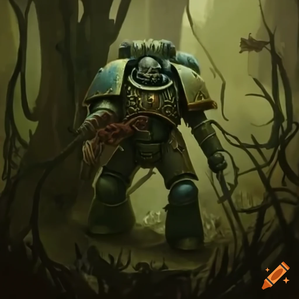 Death guard space marine in a swamp on Craiyon