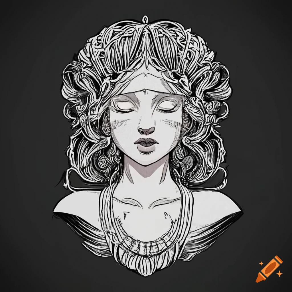 Symmetric face of the Greek goddess Kirké with closed eyes in monoline ...