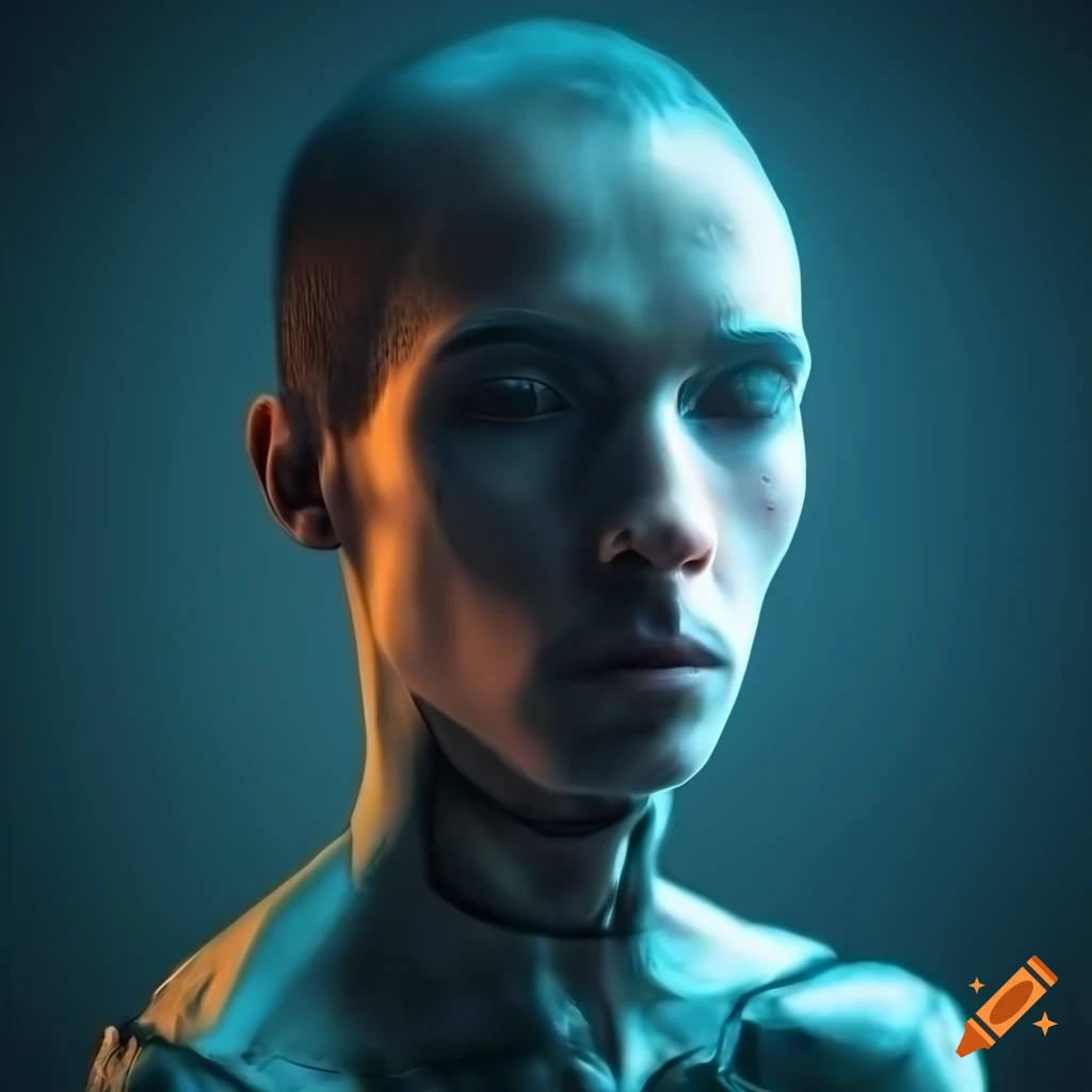 Skinny male cyborg under yellow phosphorus lights on a foggy evening on ...