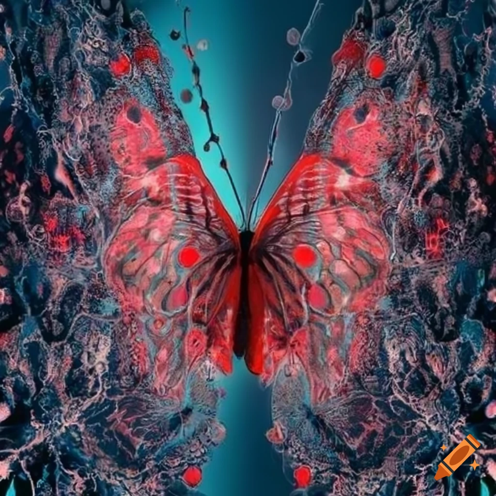 Scientific illustration of red and black neurons as a butterfly on Craiyon