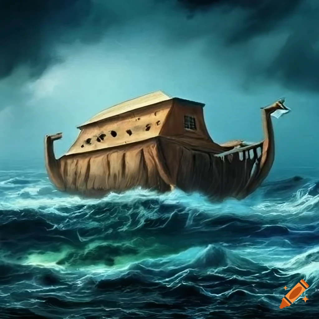 Noah's ark in a storm at sea with dark skies and turbulent waters on ...