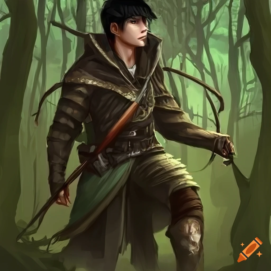 Attractive male ranger with black hair exploring a woodland in fantasy ...