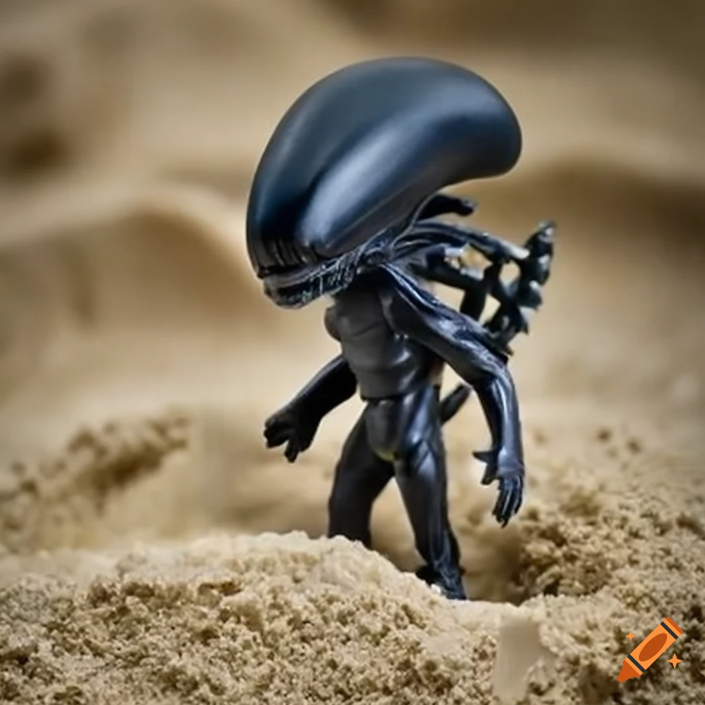 Chibi kawaii plasticine xenomorph figure on sand on Craiyon
