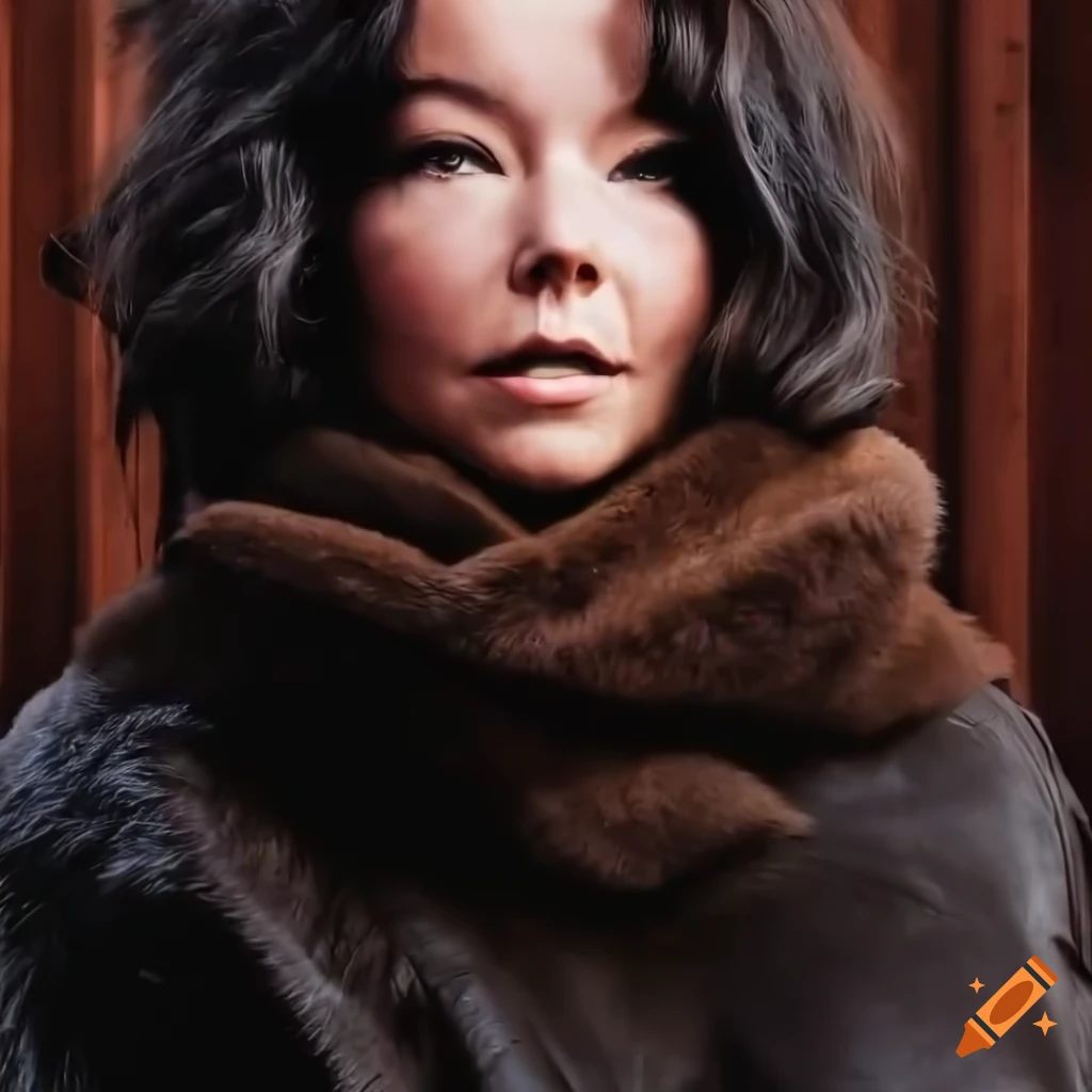 Icelandic singer Bjork lookalike in sheepskin bomber jacket and leather ...