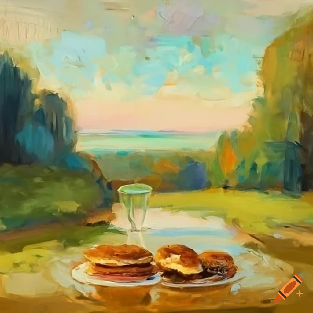 Elegant British tableau with tea, pies, and cakes in a lush countryside ...