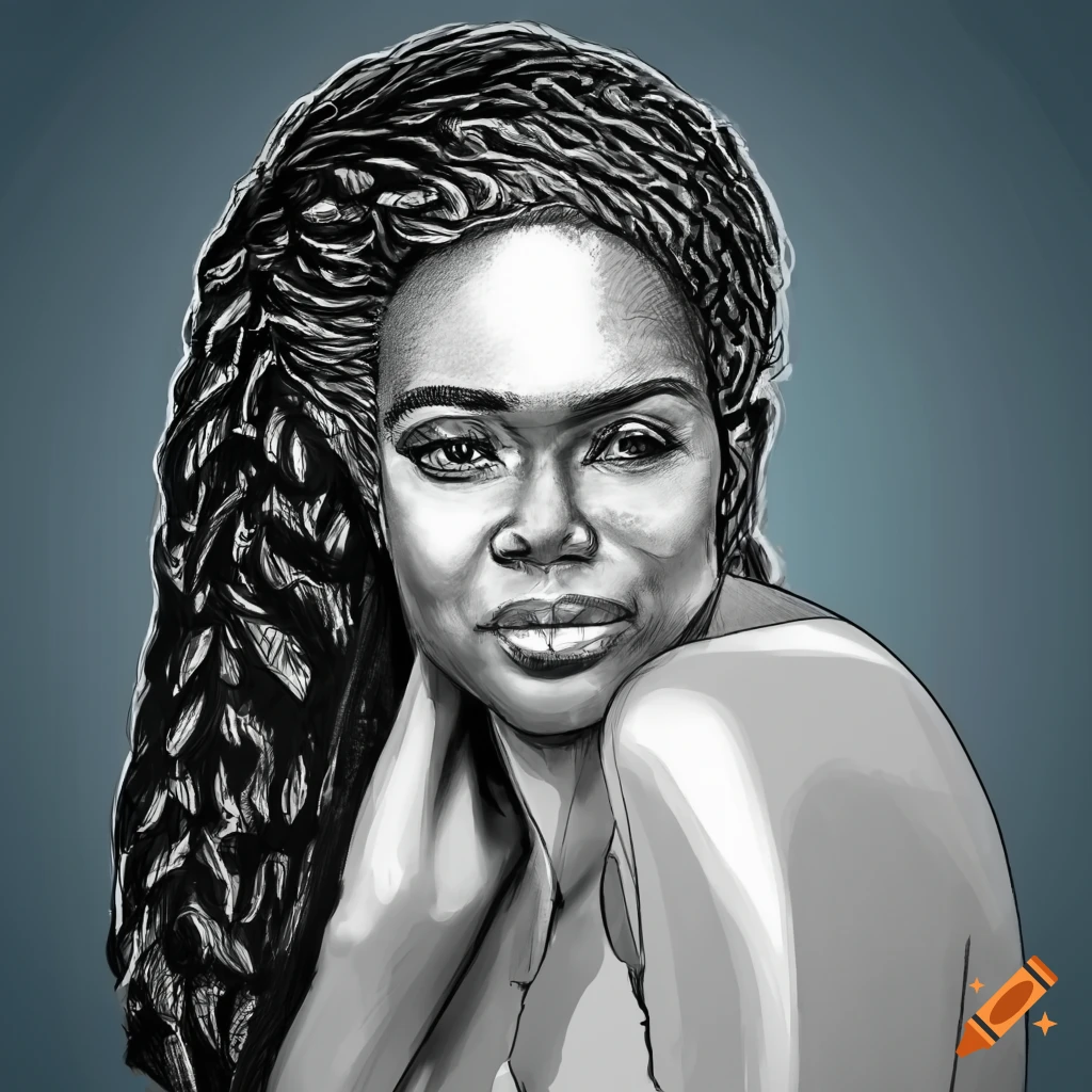 Drawing of a fit middle-aged black woman in a tight-fitting dress, wide ...