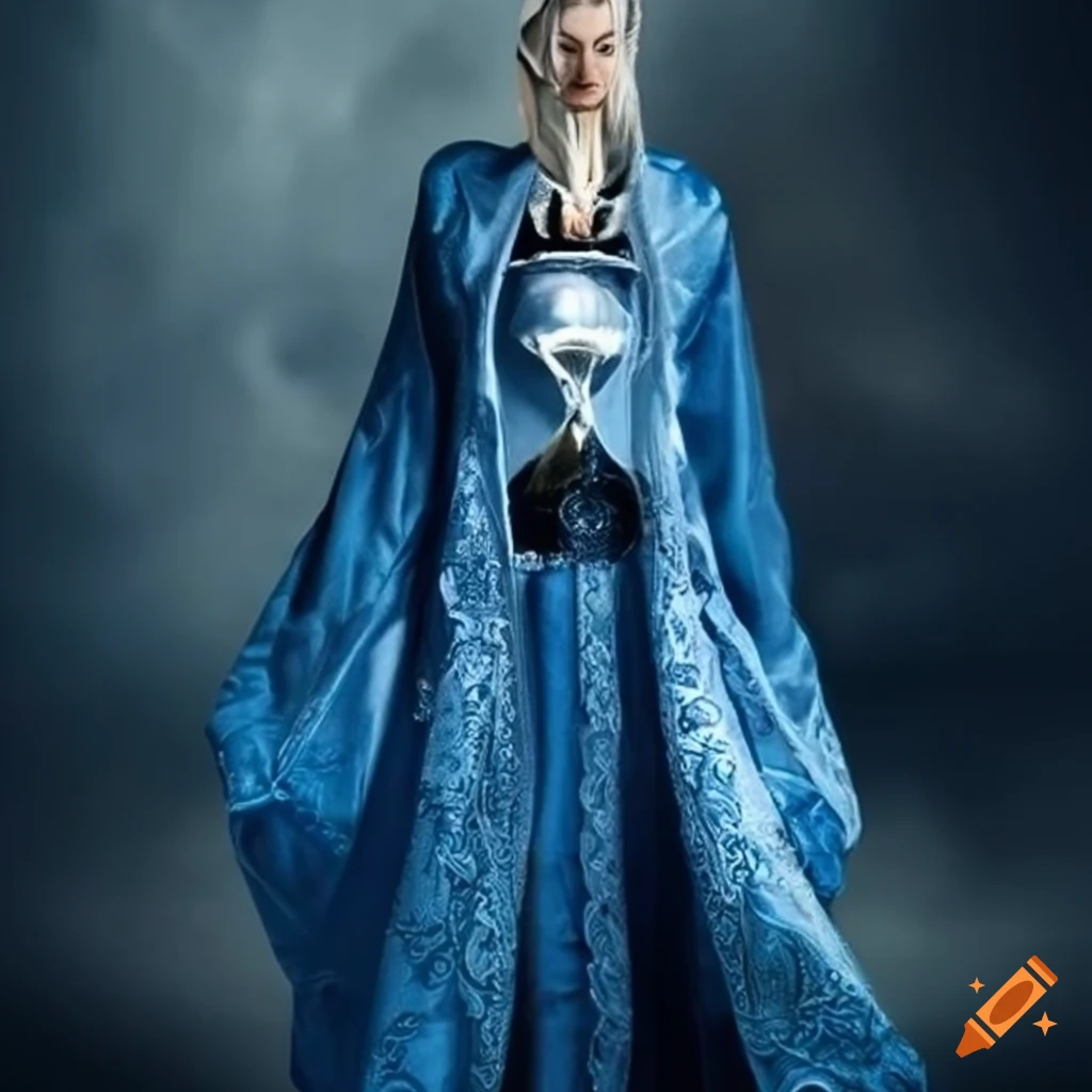 Blue wizard robe with silver hourglass embroidery on Craiyon