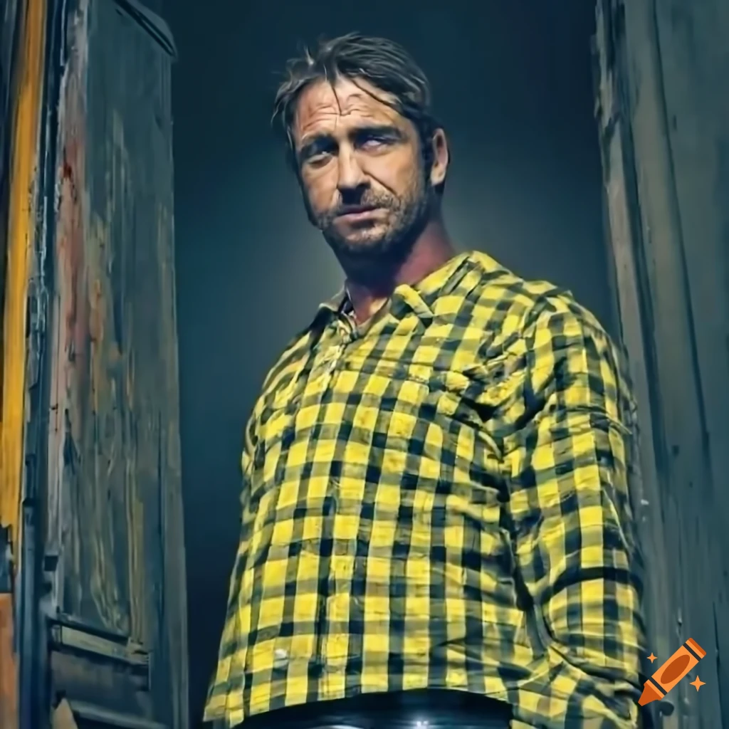 Closeup rear view of man resembling a young Gerard Butler peeking ...