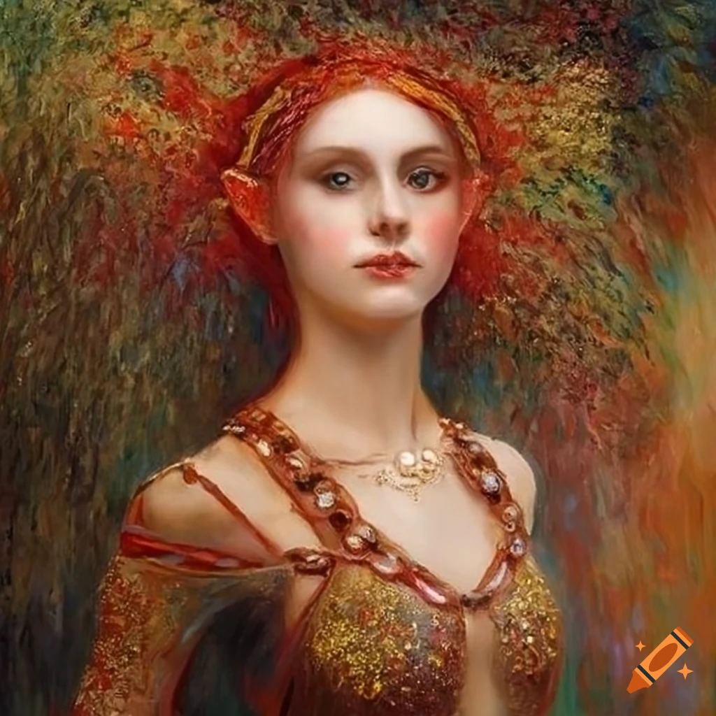 Monet-inspired oil painting of a maiden elf in a vibrant autumn forest ...