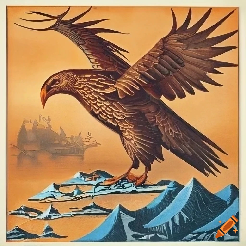 Vintage adventure travel poster with stave carvings and vibrant ...