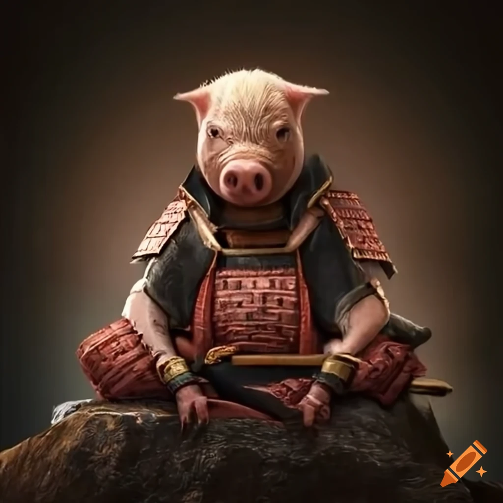 Noble samurai pig sitting on a rock with tears streaming down on Craiyon
