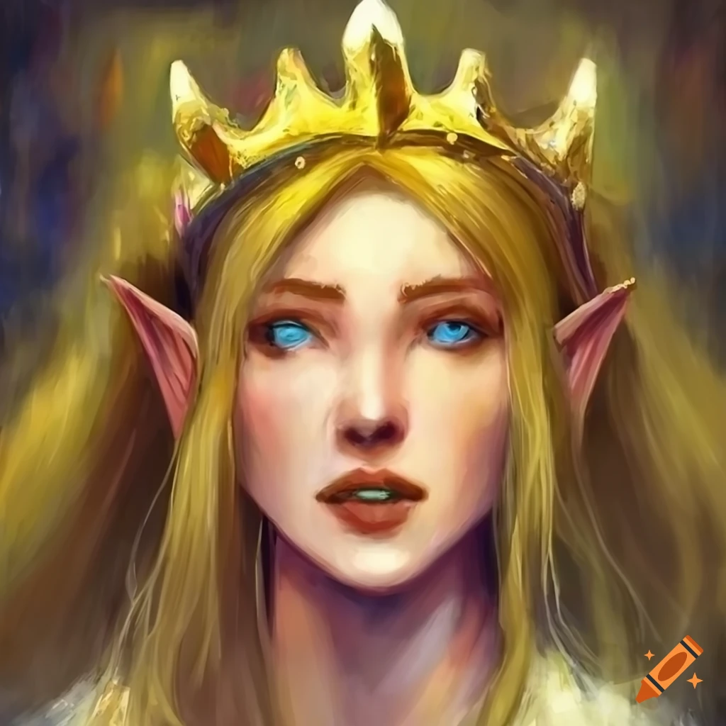 Beautiful Elf queen with crown and golden hair in an impressionistic ...