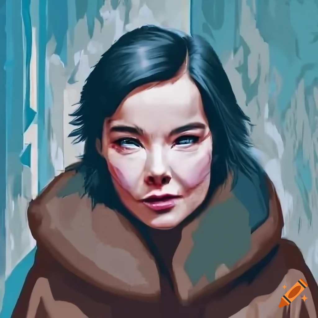 Young Bjork in a sheepskin bomber jacket and leather trousers standing ...