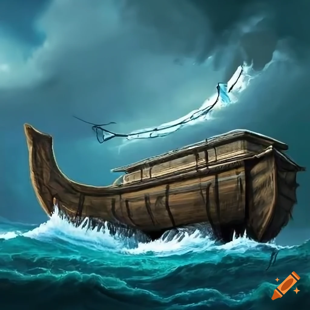 Prehistoric Ark in a storm at sea with wooden hull and vine ropes on ...