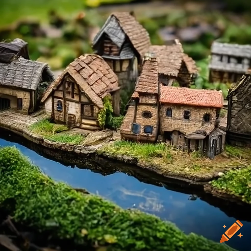 Miniature medieval village reflected in a puddle of water on Craiyon