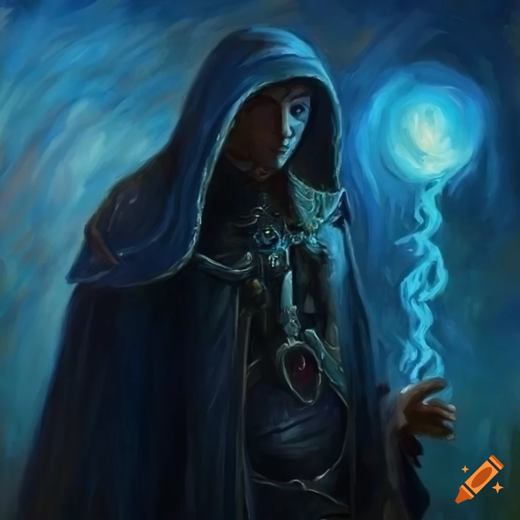 Highly textured oil painting of an acolyte mage casting a magic spell ...