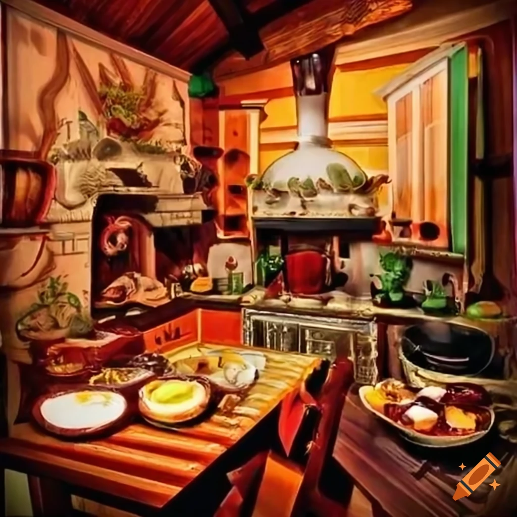 Fantasy kitchen interior with a burning stove, pots of soup, hanging ...