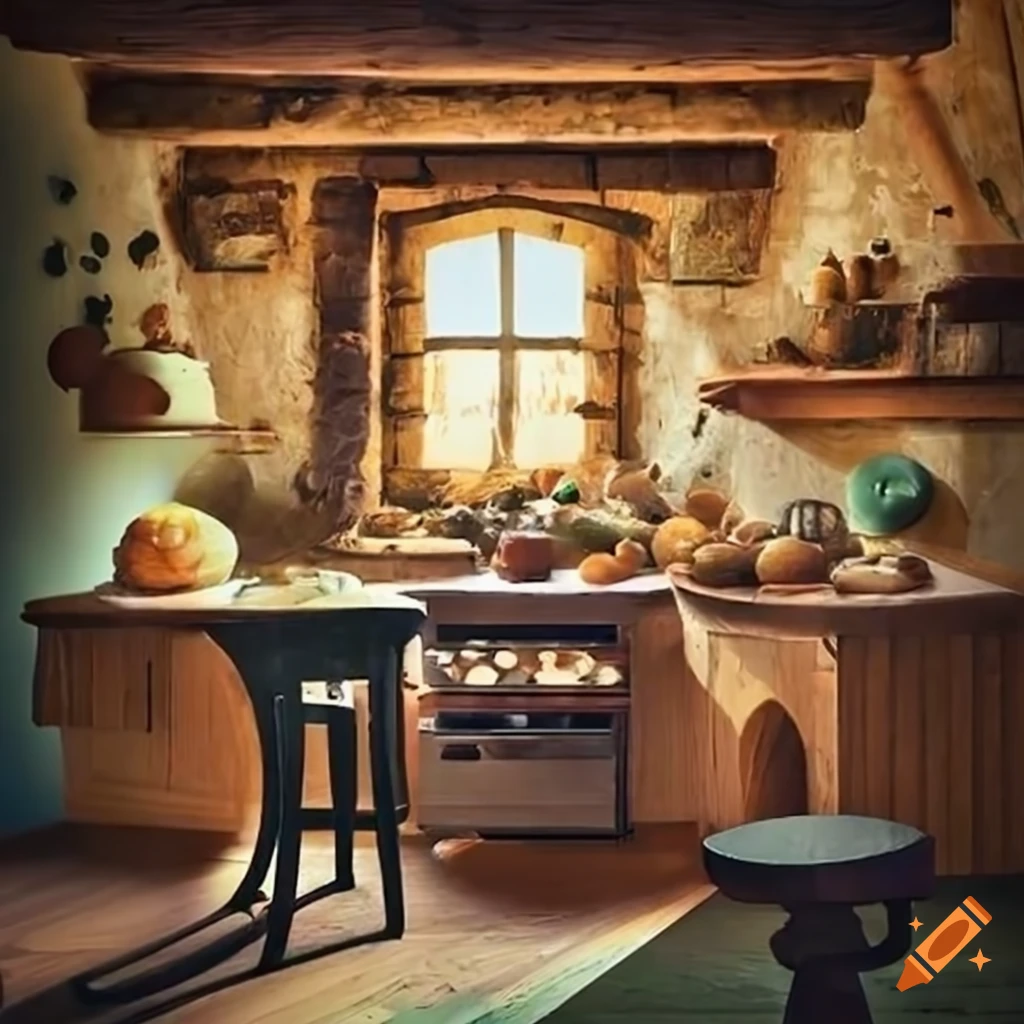 Cozy rustic kitchen in a hobbit hole with wooden table and food spread ...