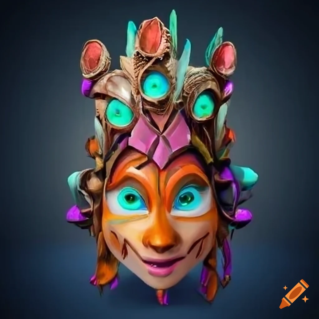 Intricately detailed vibrant wooden mask of a Sumarian queen with ...