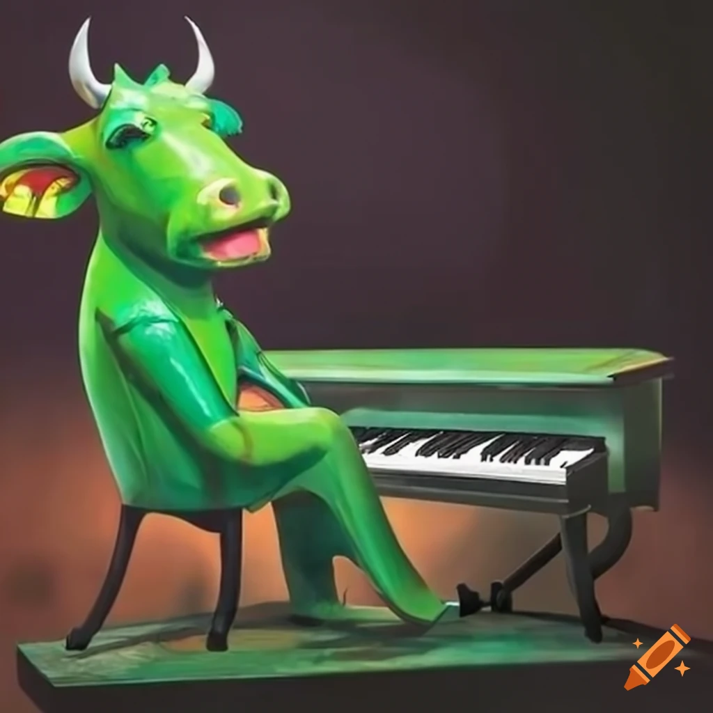 Green cow playing a grand piano in artistic style on Craiyon