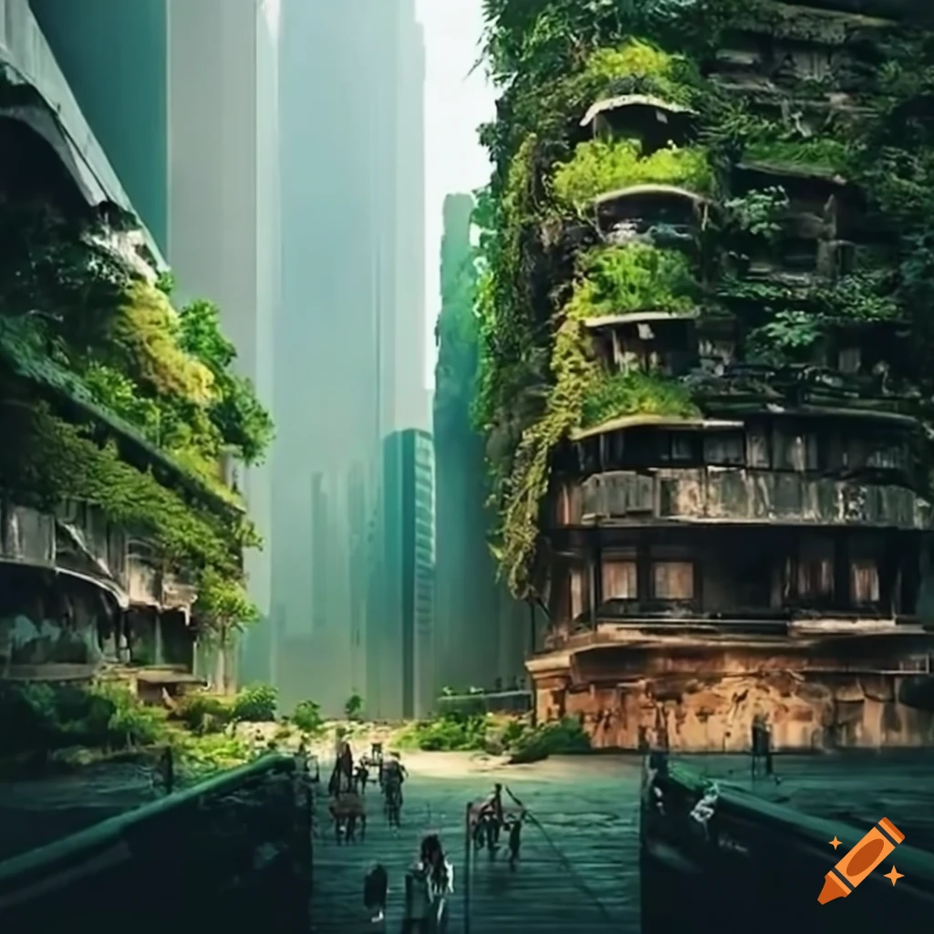 Future cityscape overtaken by lush greenery with damaged buildings on Craiyon