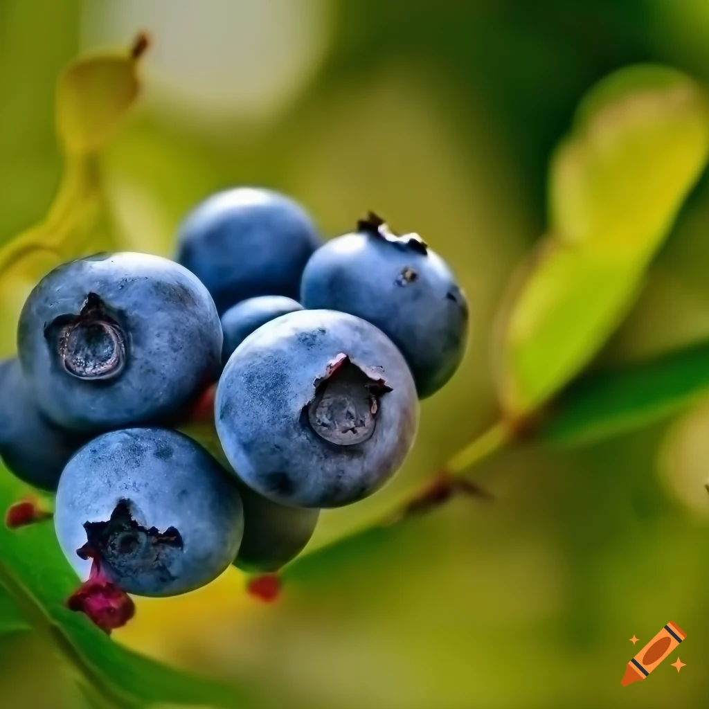 Fresh blueberries on a tree in macro photography on Craiyon