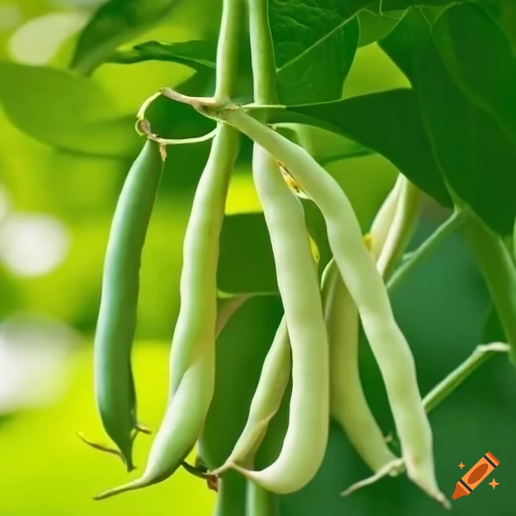 Beans planted in the ground and green beans on branches on Craiyon