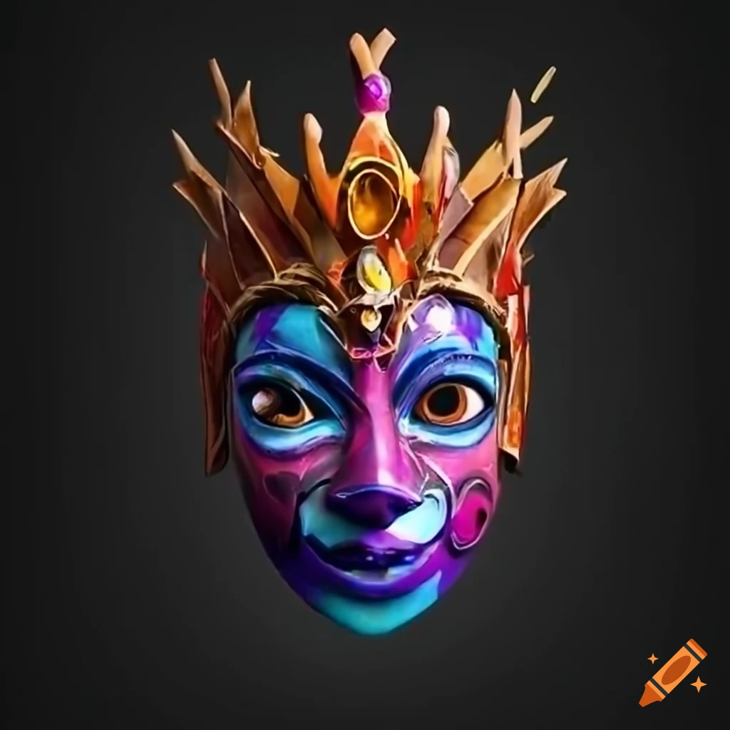 Vibrant sumarian wooden mask of a queen with lifelike eyes and feather ...