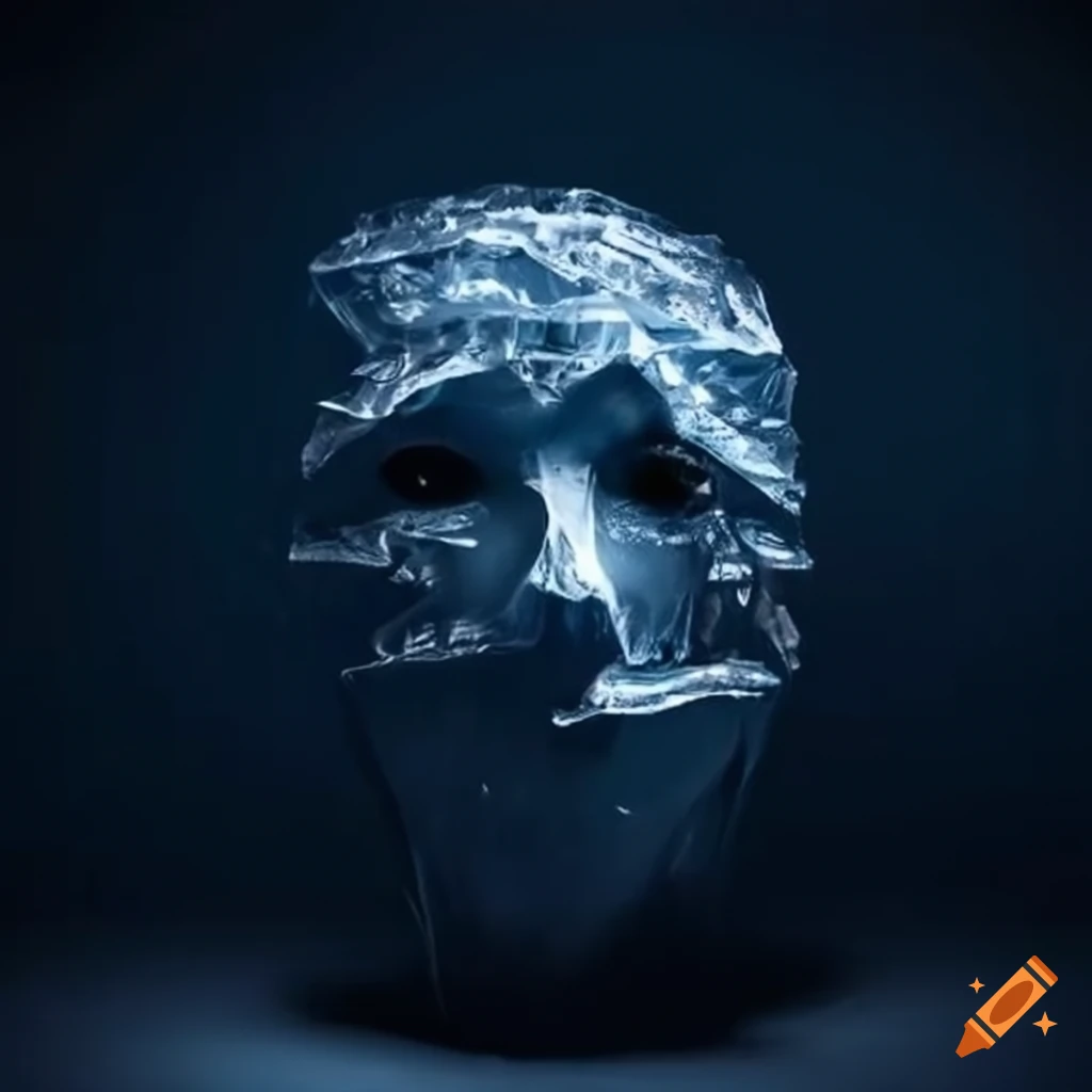 Ice face in a snowy wasteland on a dark night on Craiyon