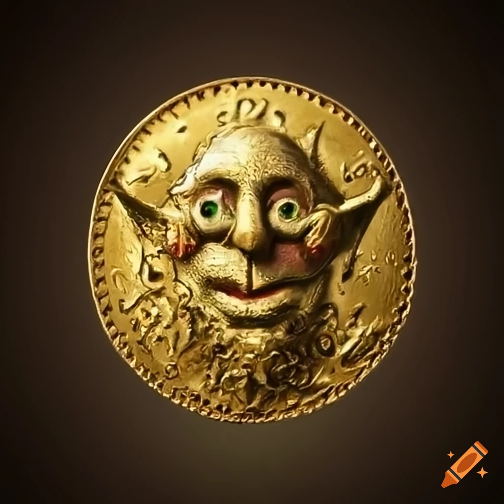 Gold coin with a goblin face and jewel encrusted eyes on Craiyon