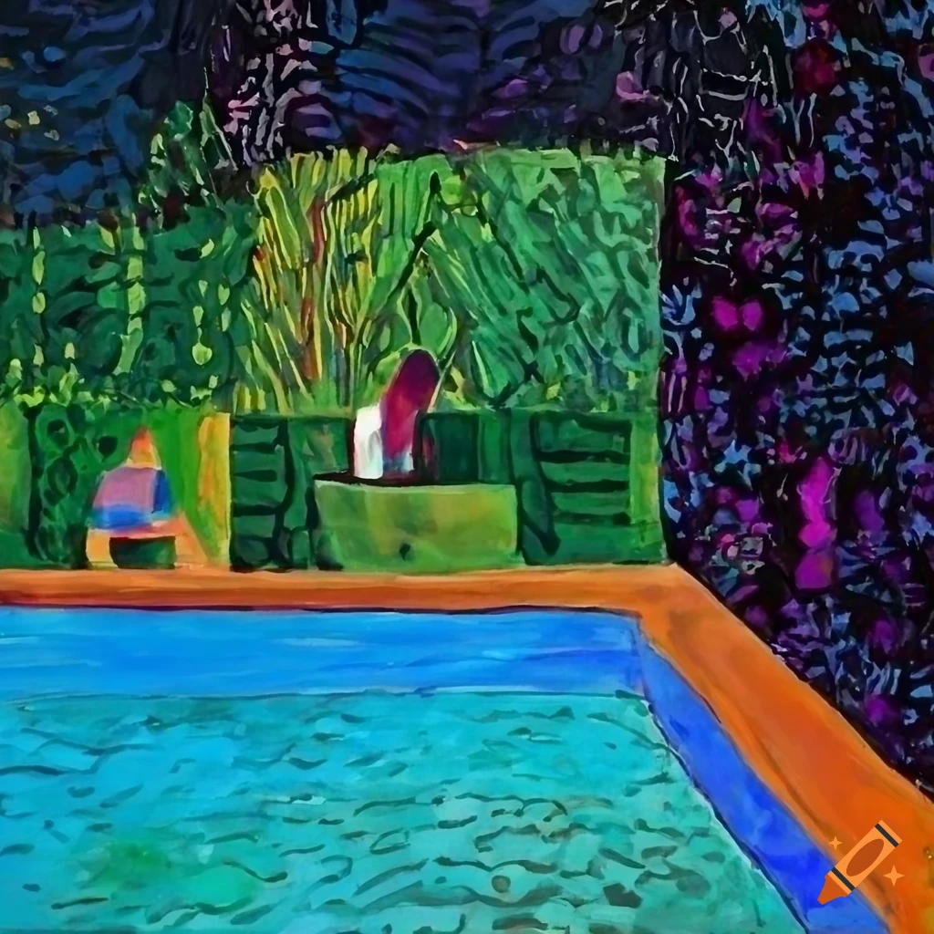 Garden and swimming pool inspired by Paul Klee and David Hockney with ...