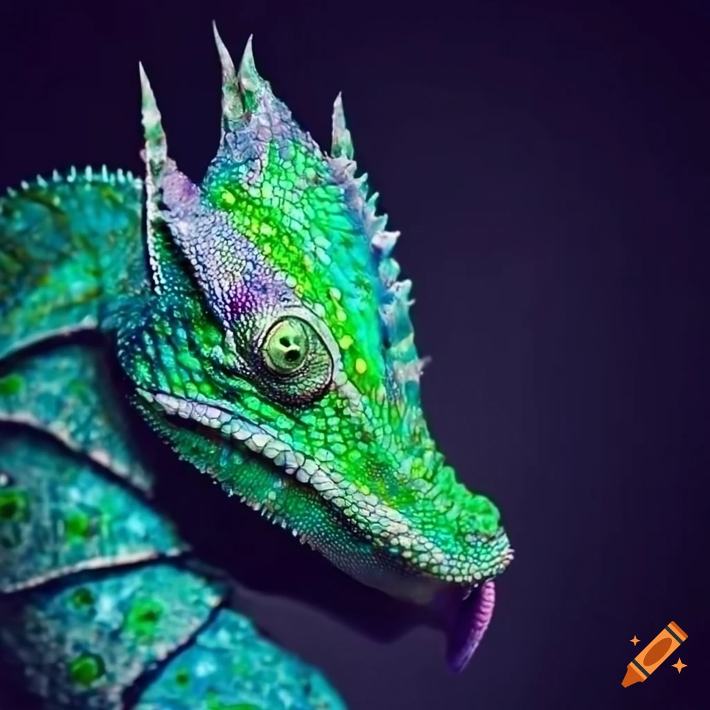 Mythical European chameleon dragon with lime scales and long tongue on Craiyon