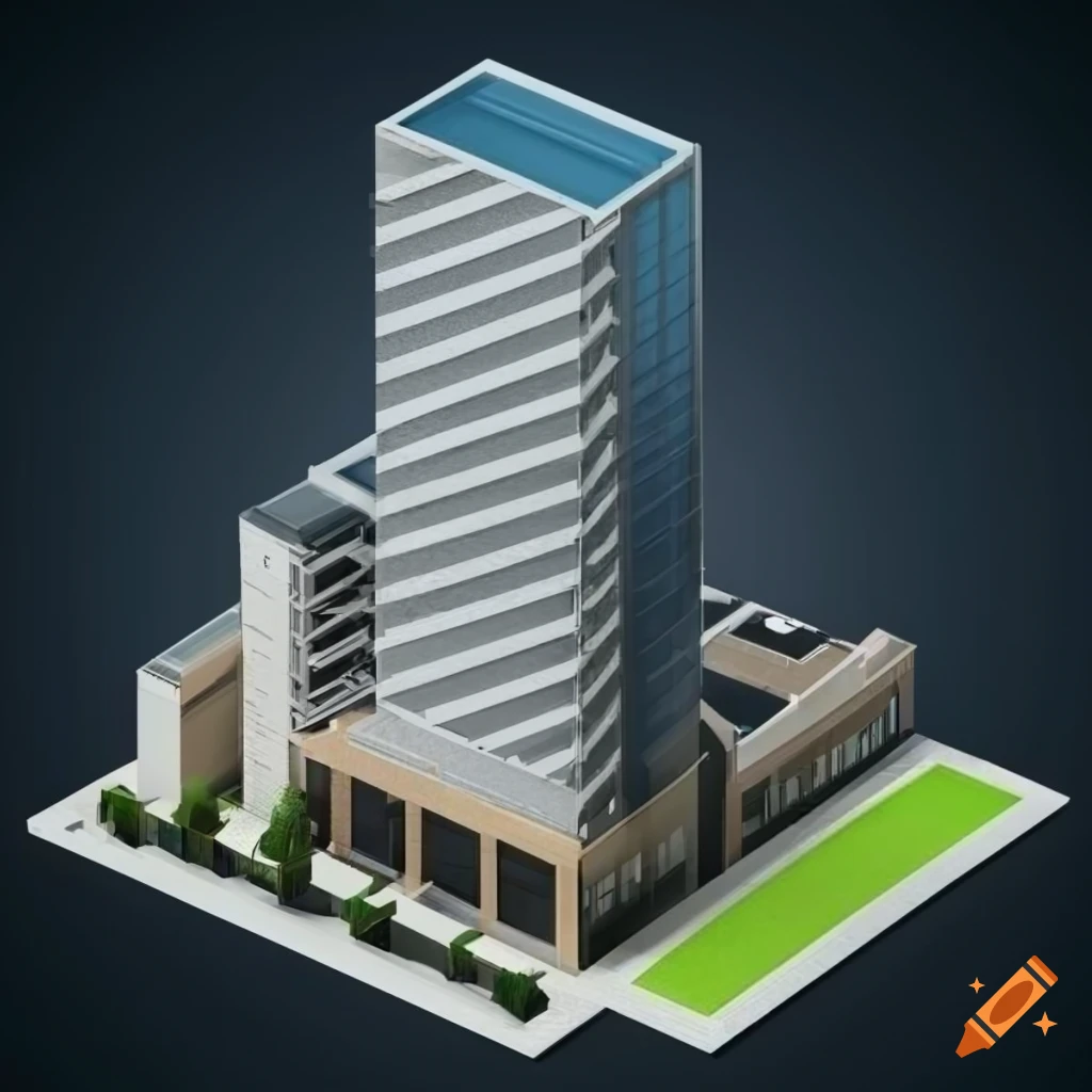 Isometric view of a modern building with surrounding roads on ...