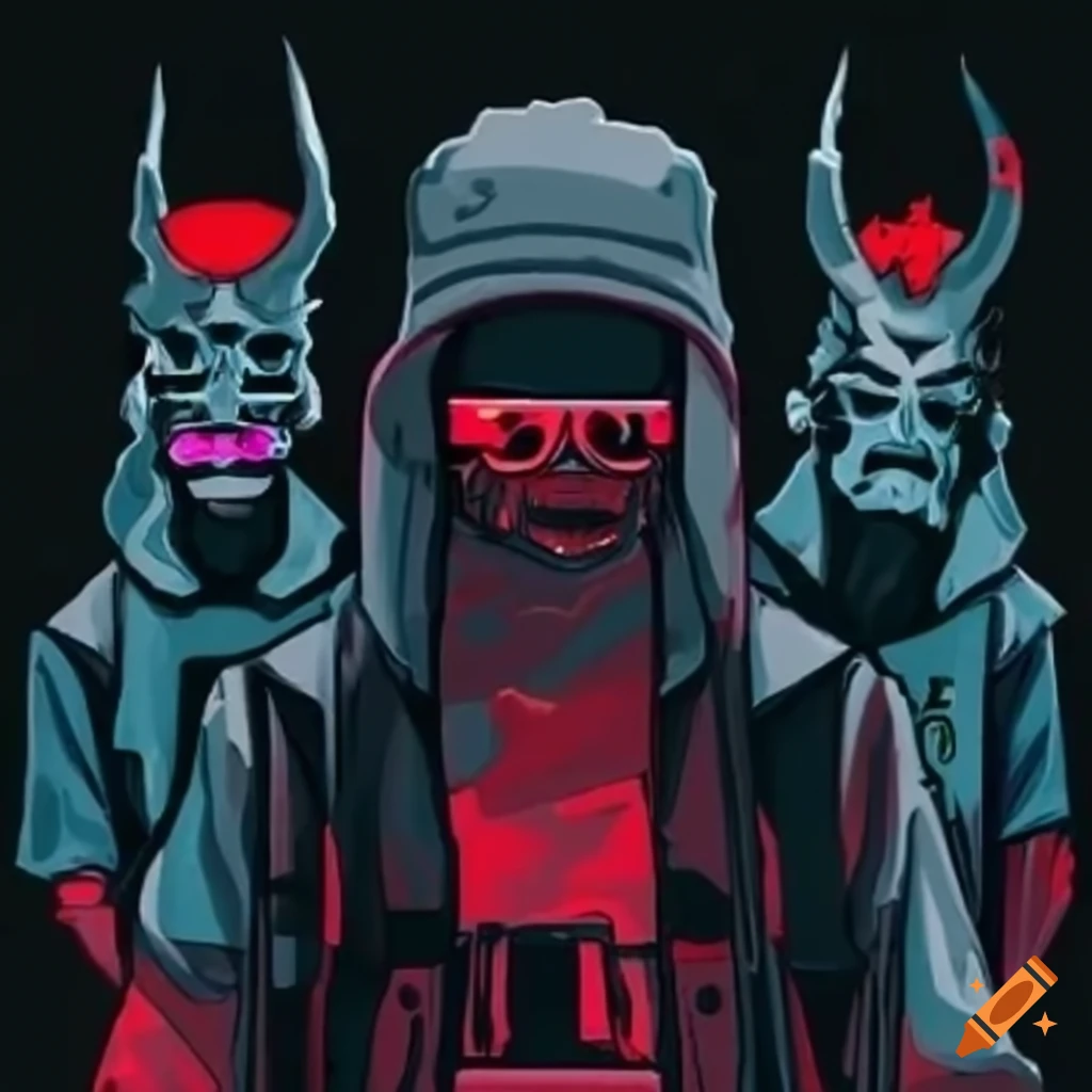 Three men wearing techwear and oni masks in 8-bit style on Craiyon