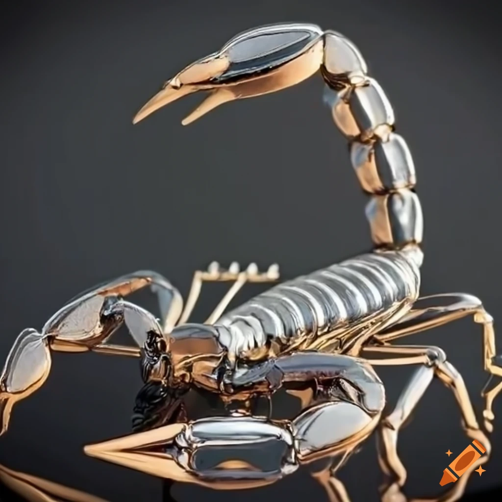 Mechanical chrome scorpion snapping above head on Craiyon