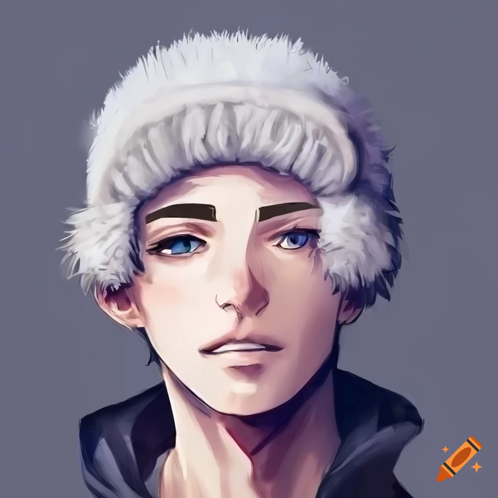 Anime-style male character with white hair and a trapper hat on Craiyon