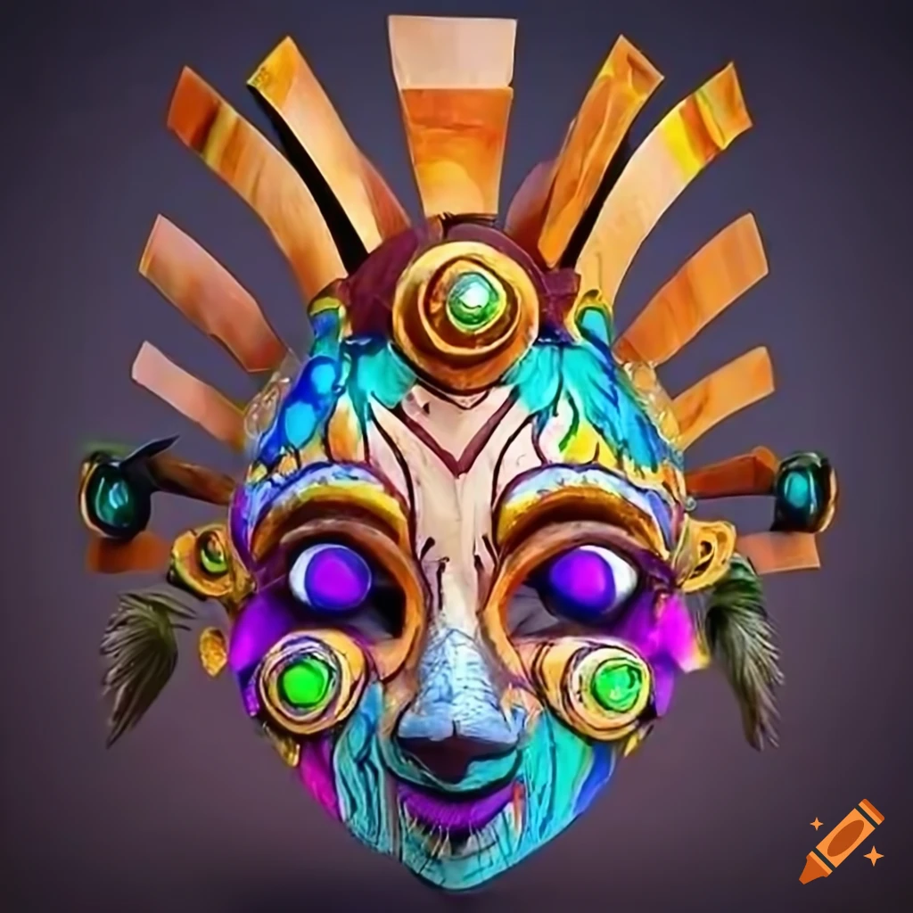 Vibrant queen's Sumarian wooden mask with lifelike eyes and feather ...