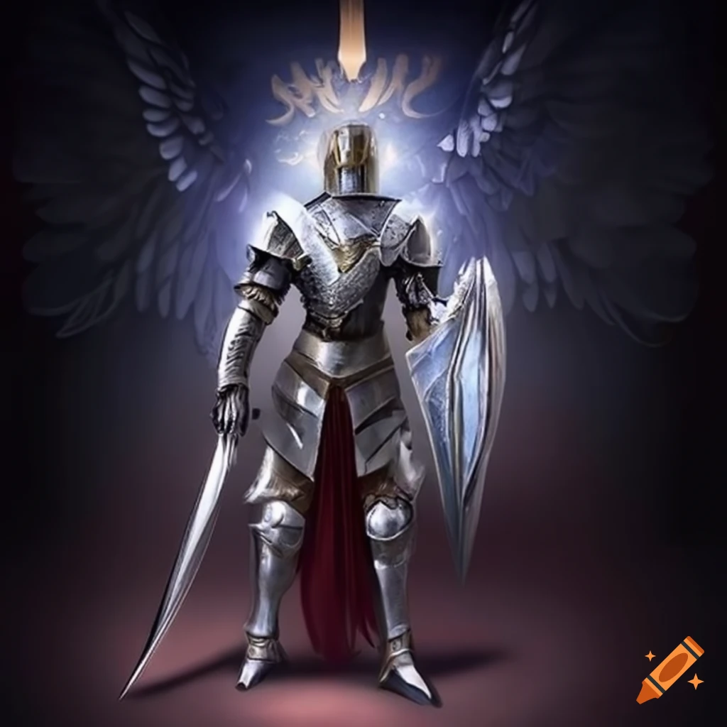 Knight with angel wings in a white gold fantasy world on Craiyon