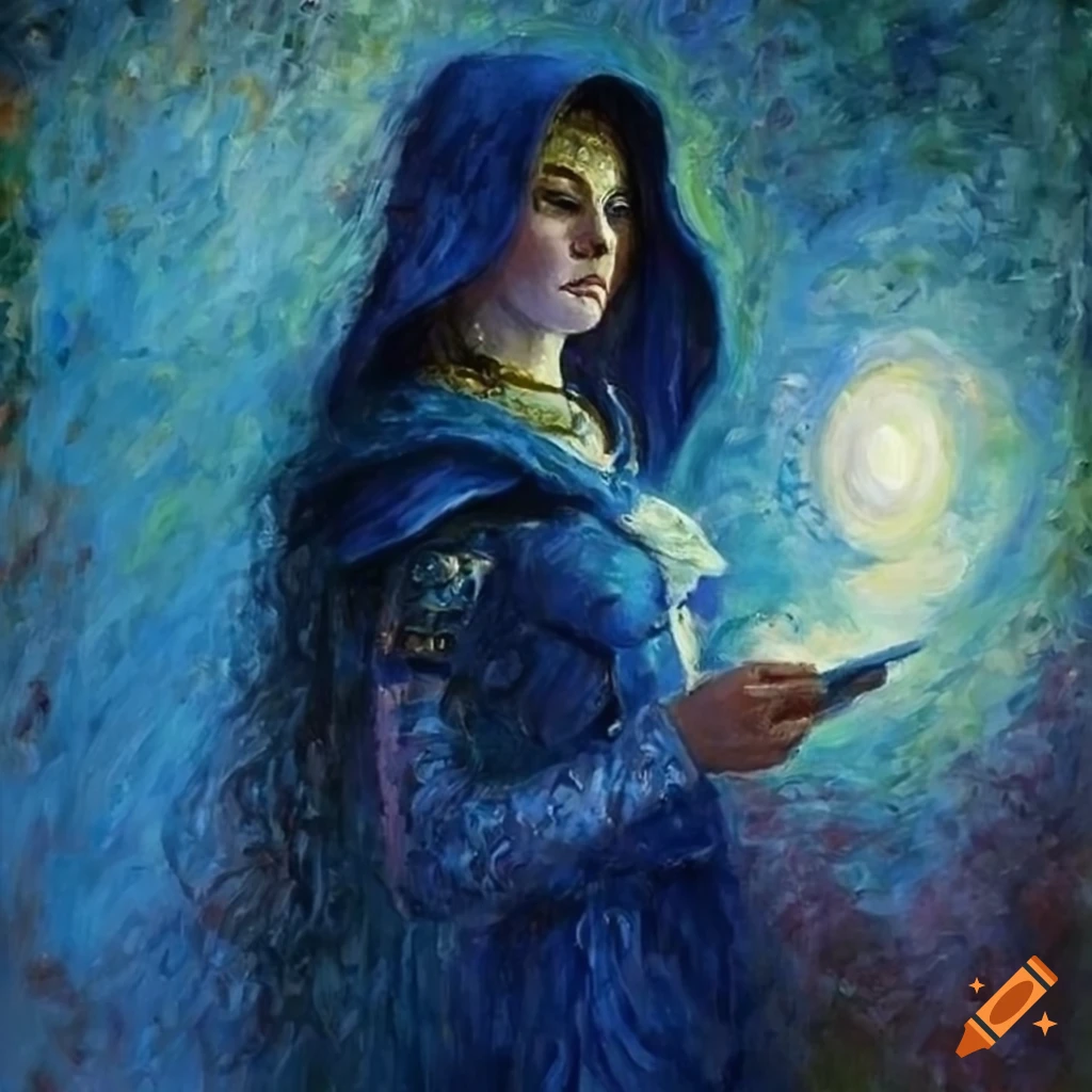 Textured oil painting of acolyte mage woman casting a spell at castle ...
