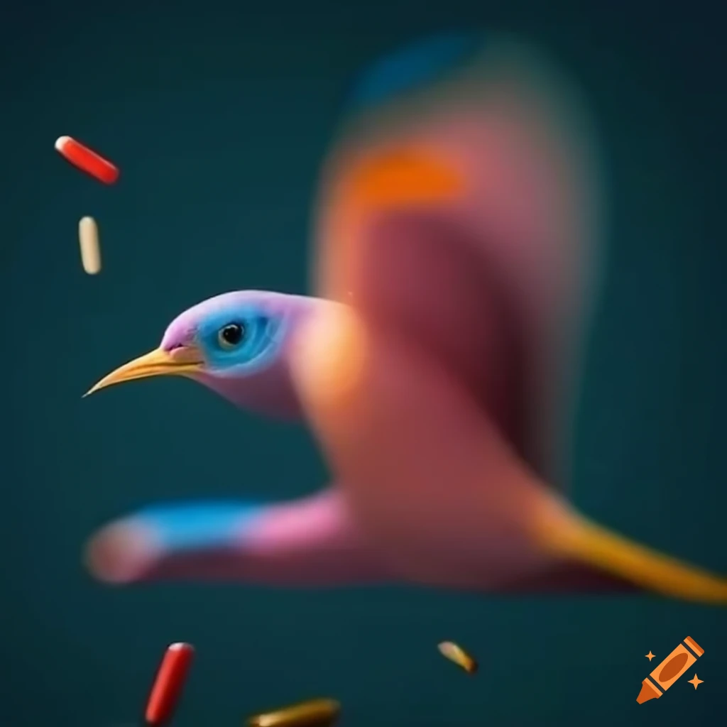 Colorful pills flying like birds in a surreal scene on Craiyon